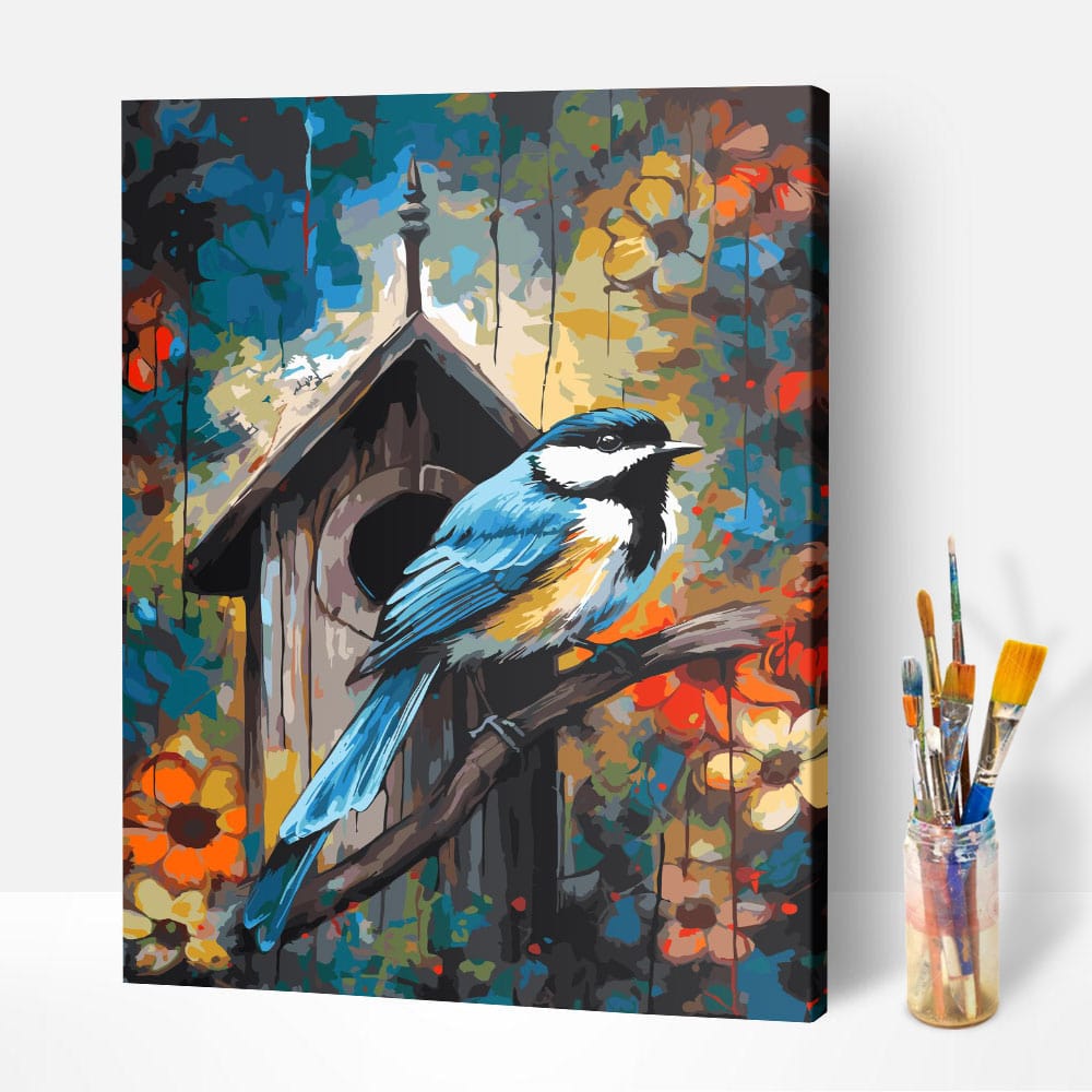 DIY Malen nach Zahlen Set für Erwachsene - Blaumeise vor ihrem Häuschen